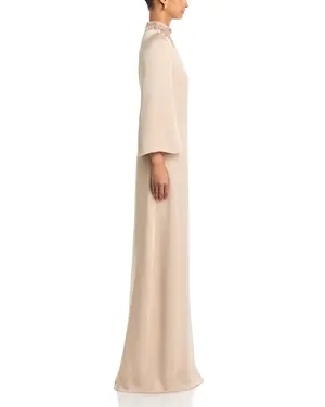 Rickie Freeman For Teri Jon Repe Back Satin Bead Collare Flare Sleeve Gown