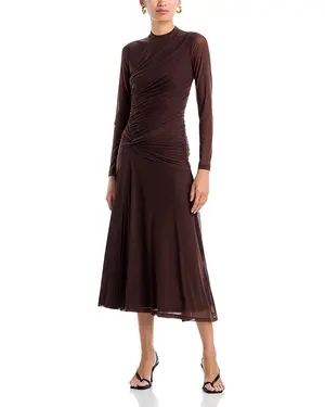 WAYF Selene Ruched Long Sleeve Dress - Chocolate