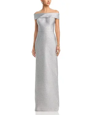 Rickie Freeman For Teri Jon Off-the-shoulder Basket Weave Jacquard Gown - Silver