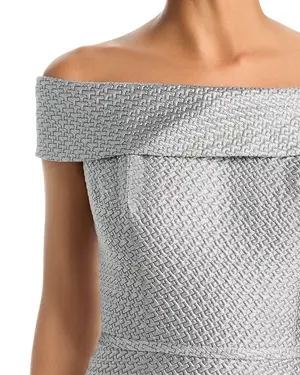 Rickie Freeman For Teri Jon Off-the-shoulder Basket Weave Jacquard Gown - Silver