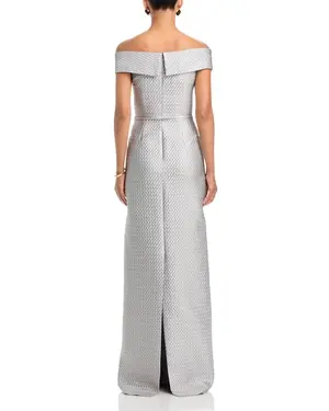 Rickie Freeman For Teri Jon Off-the-shoulder Basket Weave Jacquard Gown - Silver