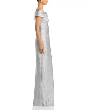 Rickie Freeman For Teri Jon Off-the-shoulder Basket Weave Jacquard Gown - Silver