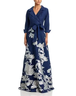 Rickie Freeman For Teri Jon Textured Metallic Jacquard Gown - Navy Silver