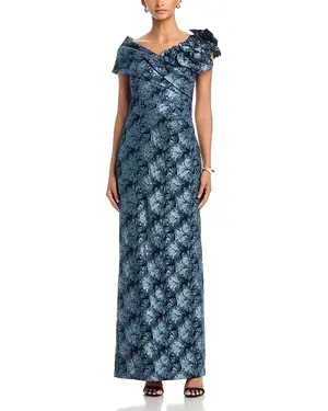 Rickie Freeman For Teri Jon Metallic Jacquard Off-the-shoulder Gown With Floral Embellishment - Slate Multi