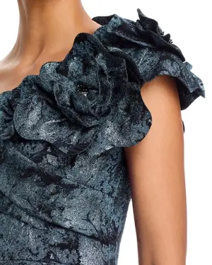 Rickie Freeman For Teri Jon Metallic Jacquard Off-the-shoulder Gown With Floral Embellishment