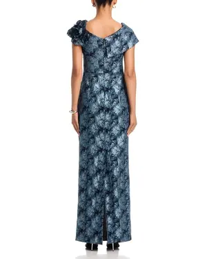 Rickie Freeman For Teri Jon Metallic Jacquard Off-the-shoulder Gown With Floral Embellishment