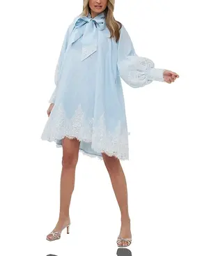MARIELLE STOKKELAAR Brigitte Lace Applique Linen Dress - Light Blue/white
