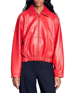 Sandro Clemy Zip Front Leather Jacket - Red