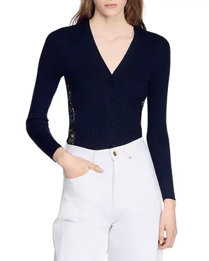 Sandro Ribbed Lace Panel Cardigan - Black