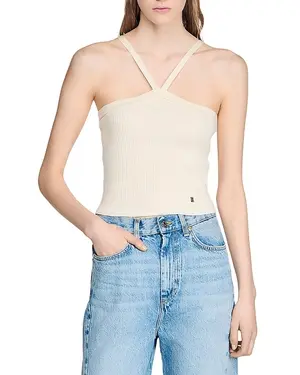 Sandro Arenadia Short Rib Knit Top - Ecru