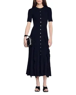 Sandro Pietrarose Ruffled Knit Maxi Dress - Black