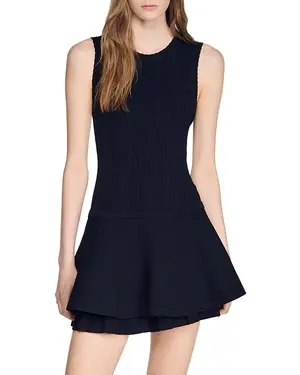 Sandro Tamara Knit Mini Dress With Ruffled Skirt - Black