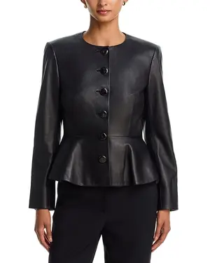 Veronica Beard Quinn Peplum Leather Jacket - Black