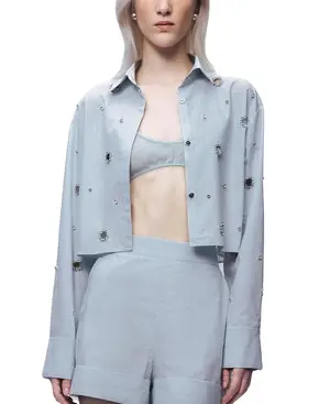 NOCTURNE Embellished Stone Detail Cropped Shirt - Turquoise