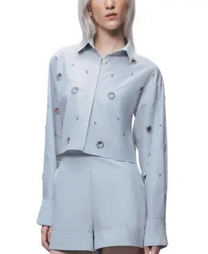 NOCTURNE Embellished Stone Detail Cropped Shirt - Turquoise