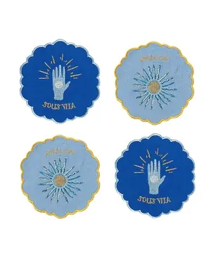 ZSA ZSA ZSU Nilufer 4 Pcs Digital Printed Overlocked Embroidered 100% Cotton Coaster Set, 5.12 X 5.12 - Blue