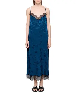 Zadig&Voltaire Respa Jacquard Horses Silk Maxi Dress With Lace Trim - Marine