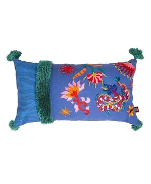 ZSA ZSA ZSU Ghuni Tasseled Embroidered Cotton Cushion, 21.65 X 11.81 - Navy