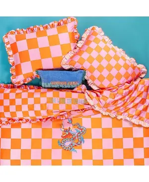 ZSA ZSA ZSU Lahor 300 Tc Satin Duvet Cover Set In Checked, 102.36 X 86.61 - Orange