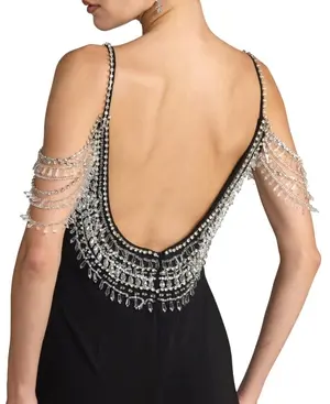 Mac Duggal Crystal Beaded Scoop Back Jersey Gown With Slit