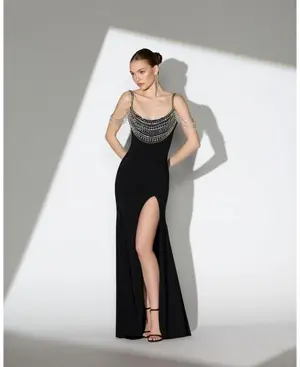 Mac Duggal Crystal Beaded Scoop Back Gown With Slit