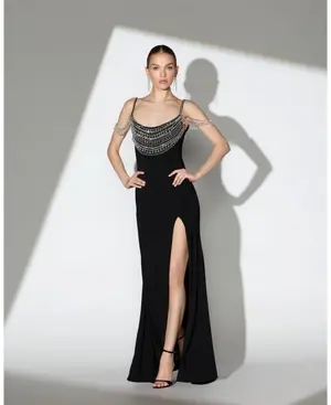 Mac Duggal Crystal Beaded Scoop Back Gown With Slit