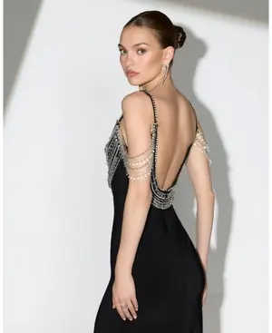 Mac Duggal Crystal Beaded Scoop Back Gown With Slit