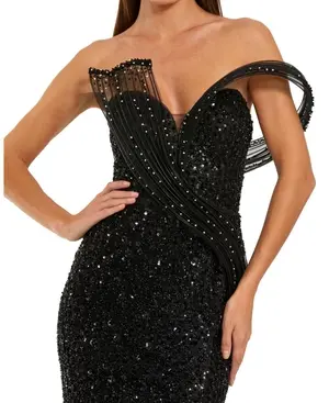 Mac Duggal Petite Sequin Gown With Sculptural Off-shoulder Detail