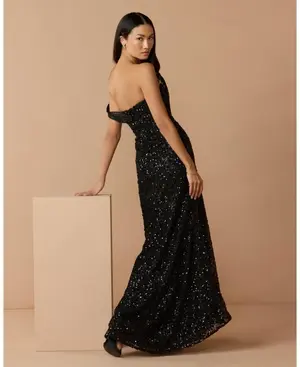 Mac Duggal Petite Sequin Gown With Sculptural Off-shoulder Detail