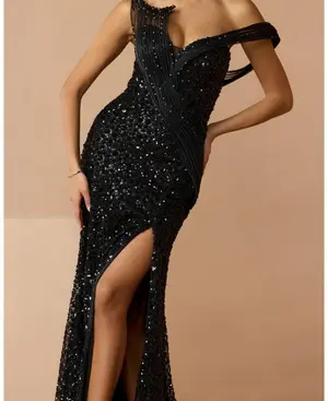 Mac Duggal Petite Sequin Gown With Sculptural Off-shoulder Detail