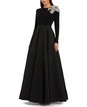 Mac Duggal Petite Long Sleeve Jersey And Taffeta Gown - Black