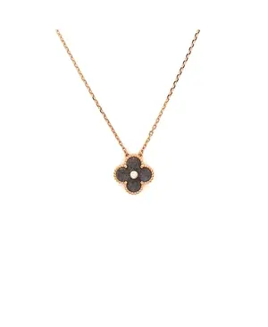 VAN CLEEF & ARPELS Vintage Alhambra Pendant Necklace 18k Rose Gold And Silver Obsidian With Diamond, 16.5 - Pink