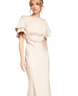 Coast High Neck Crepe Maxi Dress With Draped Sleeves And Open Back