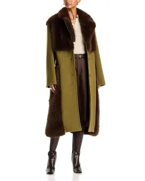 3.1 Phillip Lim Faux Fur Trimmed Belted Wool Blend Coat - Olive