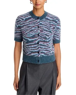 3.1 Phillip Lim Tiger Print Short Sleeve Cardigan Sweater - Petrol Multi