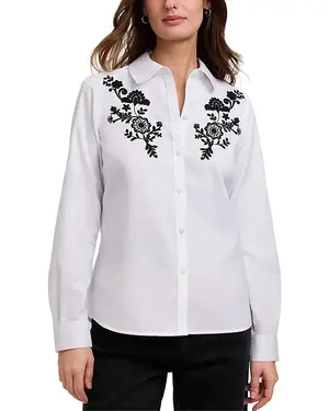 Foxcroft Hampton Embroidered Shirt - White/ Black
