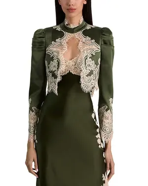 Alice + Olivia Thomasina Puff Sleeve Lace Trim Cropped Jacket - Dark Fern
