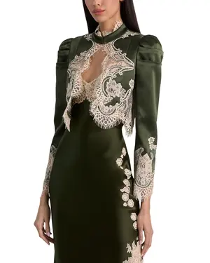 Alice + Olivia Thomasina Puff Sleeve Lace Trim Cropped Jacket - Dark Fern