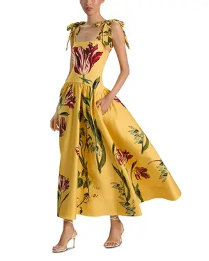 Alice + Olivia Oriana Tie Strap Drop Waist Midi Dress With Floral Print - Soft Tulip