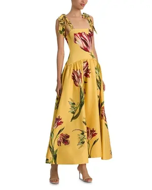 Alice + Olivia Oriana Tie Strap Drop Waist Midi Dress With Floral Print - Soft Tulip