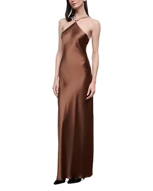 Staud Cadence Satin Halter Maxi Dress - Cigar