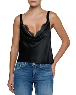L'Agence Evadne Cowl Neck Lace Trim Lace Tank Top - Black