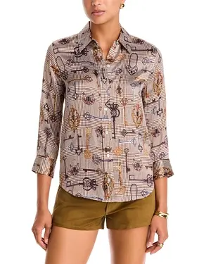 L'Agence Dani Printed Silk Blouse - Brown Multi Houndstooth