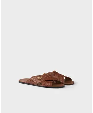 Prada Leather Crisscross Slides - Brown