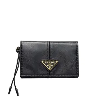 Prada Leather Card Holder With Flap - Black