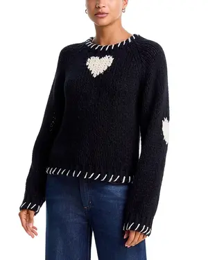 Aqua Whipstitched Heart Trim Crewneck Sweater Exclusive - Caviar