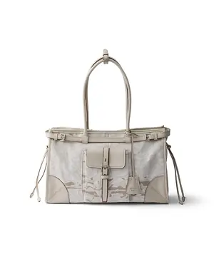 Prada Bonnie Large Printed Linen And Leather Handbag - White