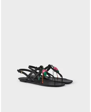 Prada Antiqued Leather Thong Sandals With Floral Ornament - Black