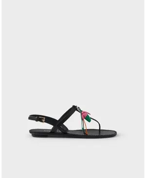 Prada Antiqued Leather Thong Sandals With Floral Ornament - Black