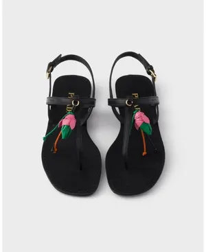 Prada Antiqued Leather Thong Sandals With Floral Ornament - Black